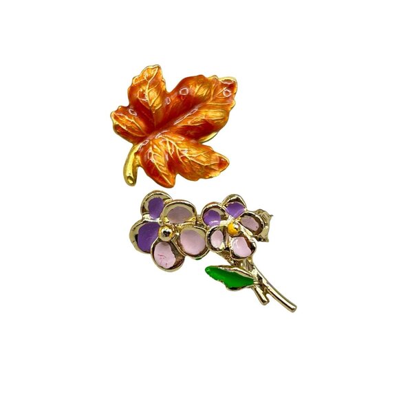 Vintage | Jewelry | Vintage Enamel Leaf Floral Brooch Pin Set Of 2 ...